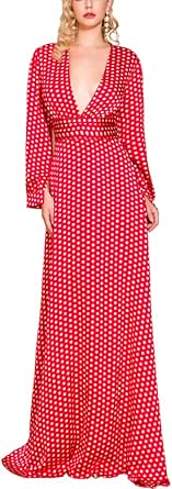 Amazon.com: Lin Lin Q Deep V Neck Long Sleeve White Dot Split Floor ...