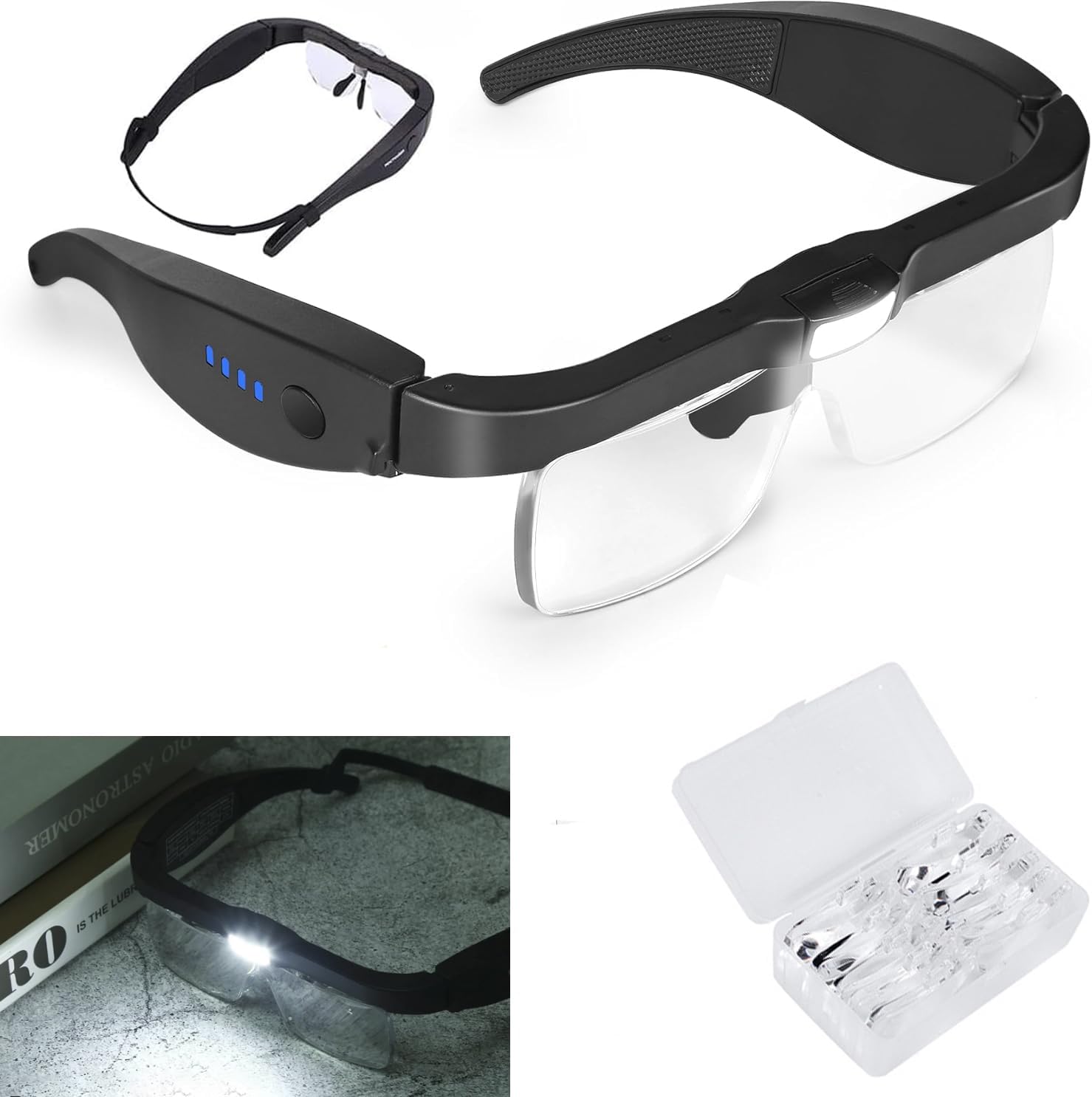 Lupe mit Licht USB Aufladbar 4X 3X 2X 1.25x 0.75x, Led Kopflupe für ...