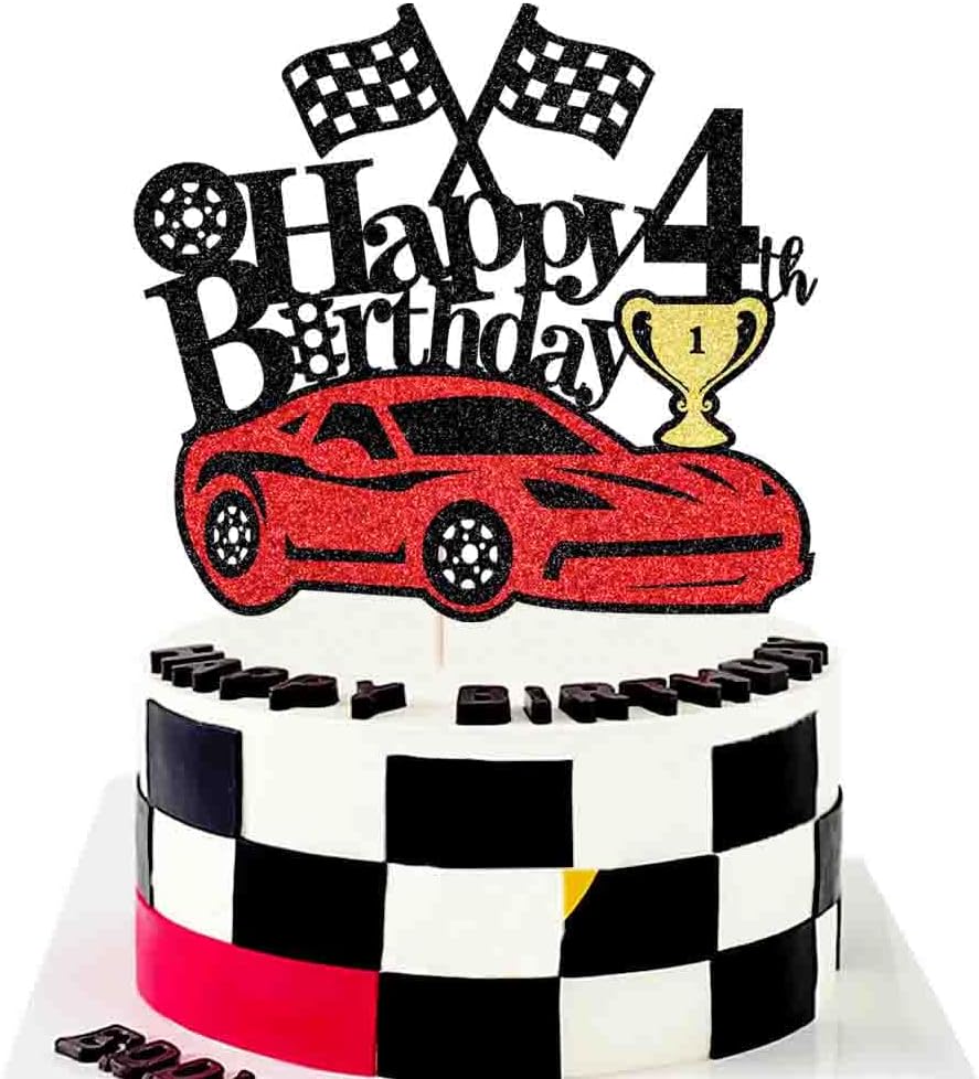 Amazon.com: Ruscalin Car Cake Topper Happy 4th Birthday Cake Topper for ...