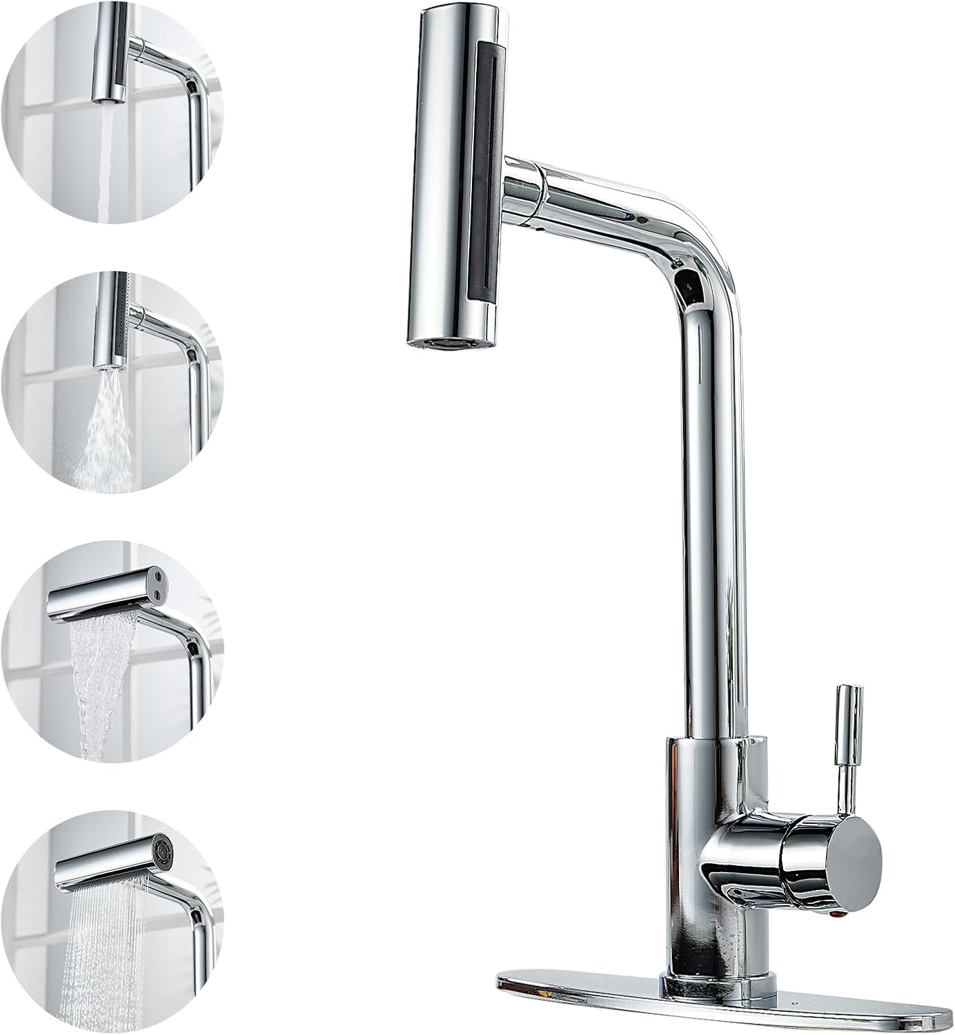 Kitchen Faucet with Pull Down Sprayer Chrome 4 Modes Waterfall/Rainfall ...