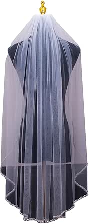 WEZTEZ Bridal Veils Beaded Edge Wedding Veil,1 Tier Pearl Crystal Edge ...