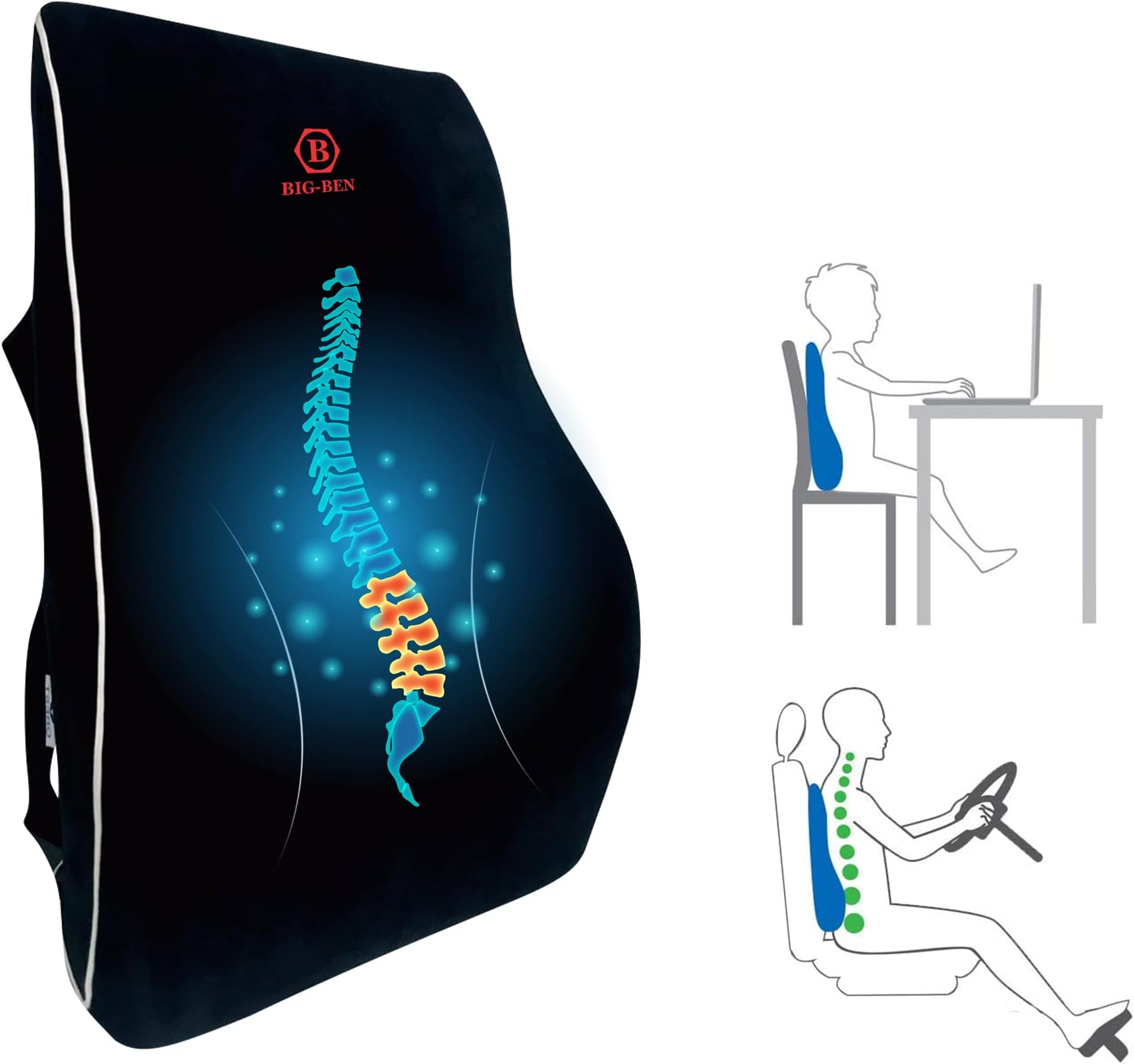 BIG-BEN Orthopedic Pure Memory Foam Lumbar Support Back Support Velvet ...