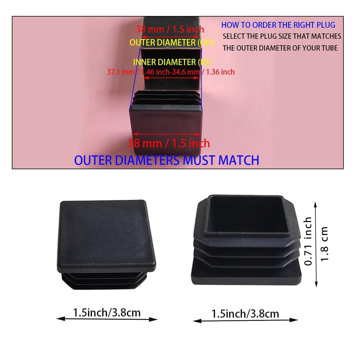 Snapklik.com : 4 Pack 1.5 Inch Square Tube End Cap Plastic Plugs, 1.5 ...