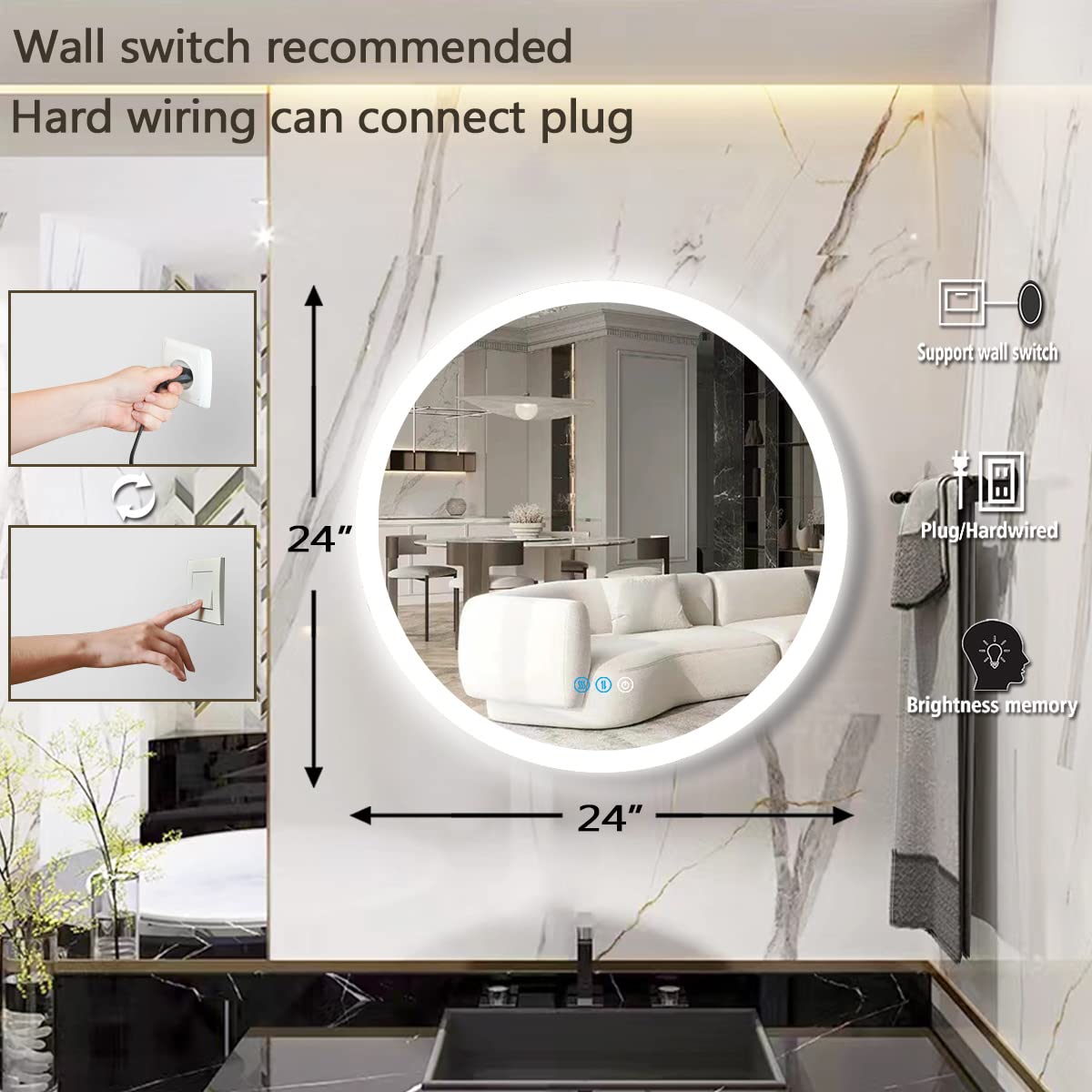 THEKLA Backlit Bathroom Round LED Mirror 24 inch Round Lighted Mirror ...