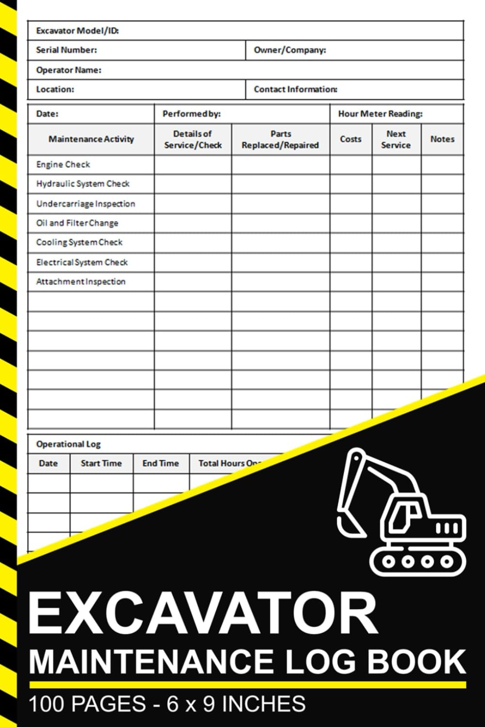 Excavator Maintenance Log Book: Excavator Repair & Service Record with ...