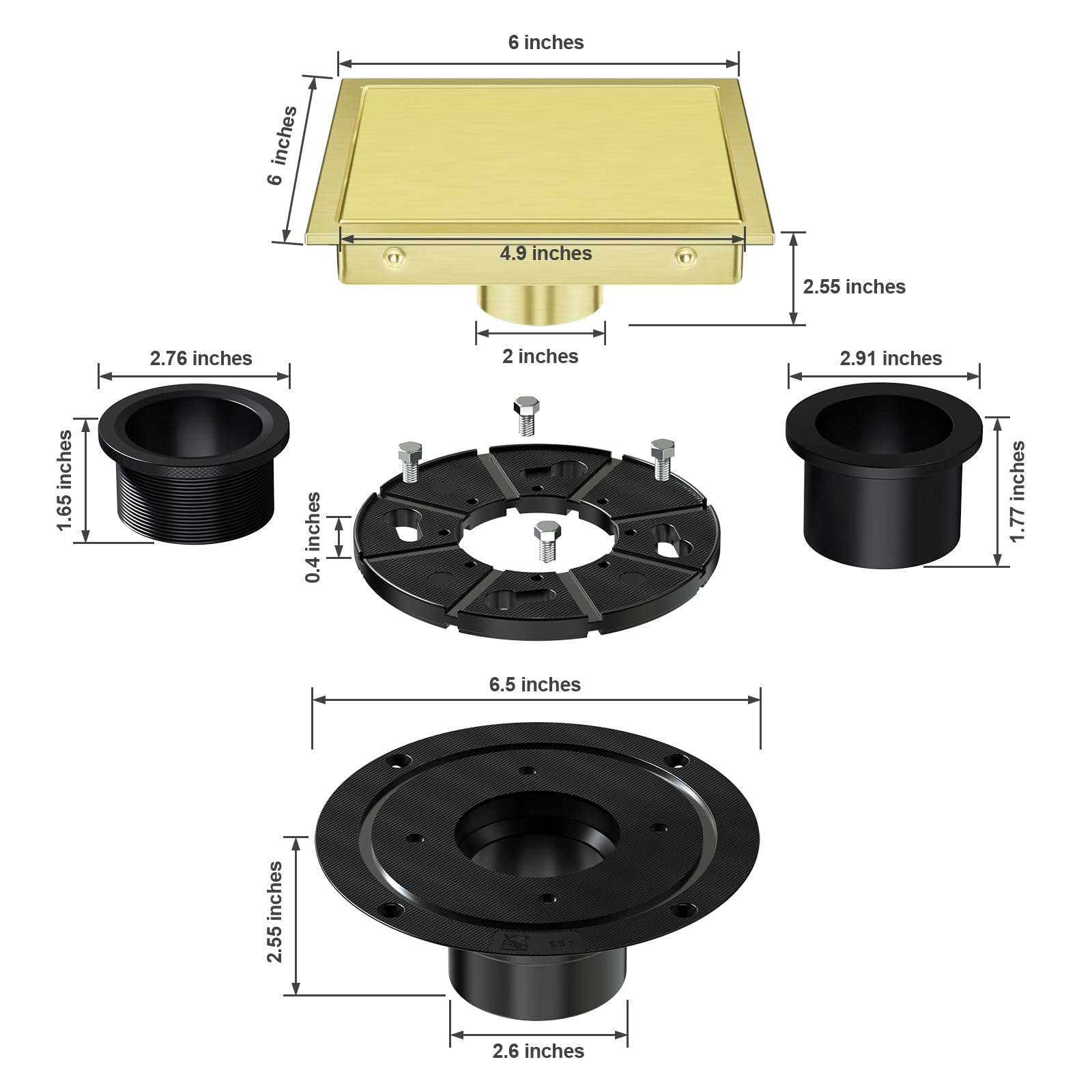 Snapklik.com : EXF Square Shower Drain 6 Inch Brushed Gold