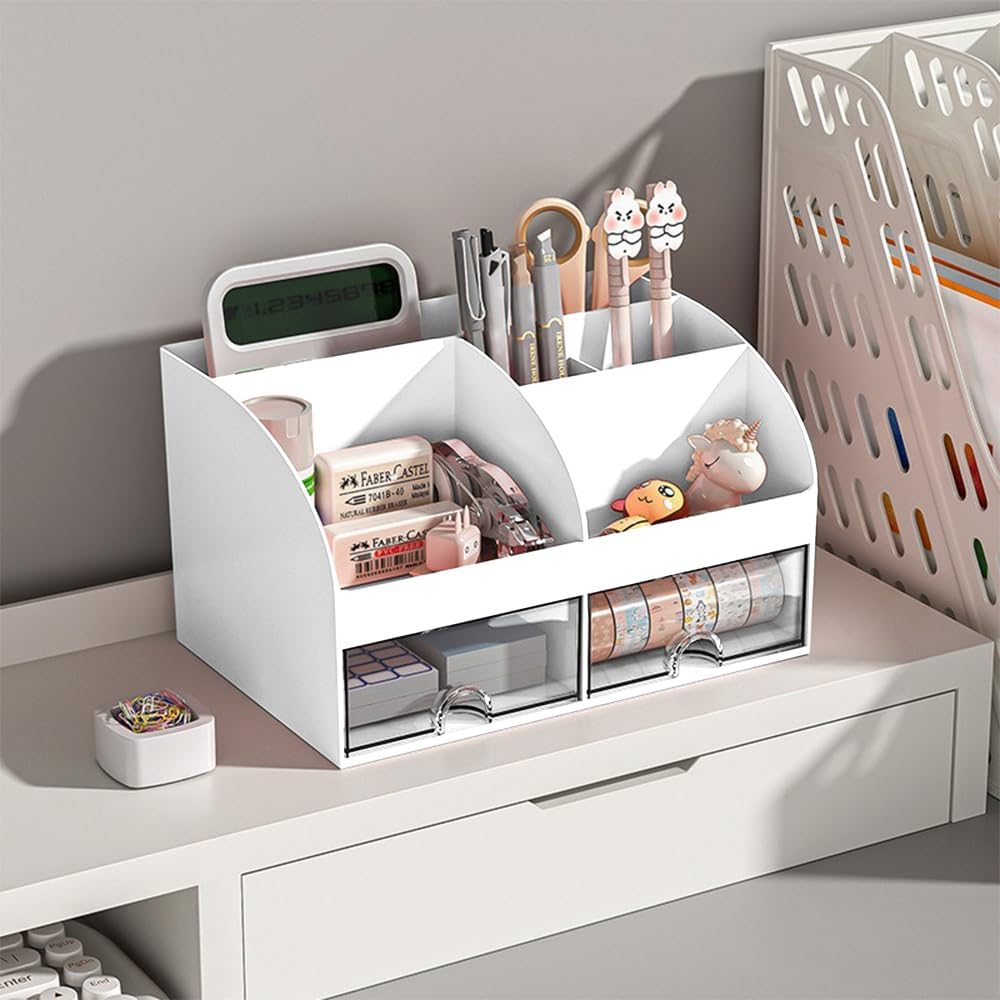 HOTOOLME Modern White Desk Organiser with Drawer, Stationary Organiser ...