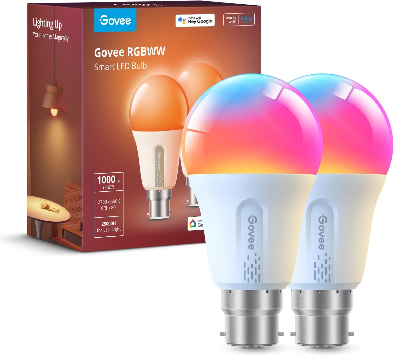 Govee Smart Bulb RGBWW, 1000lm Wi-Fi LED Bulbs B22, Smart Light ...