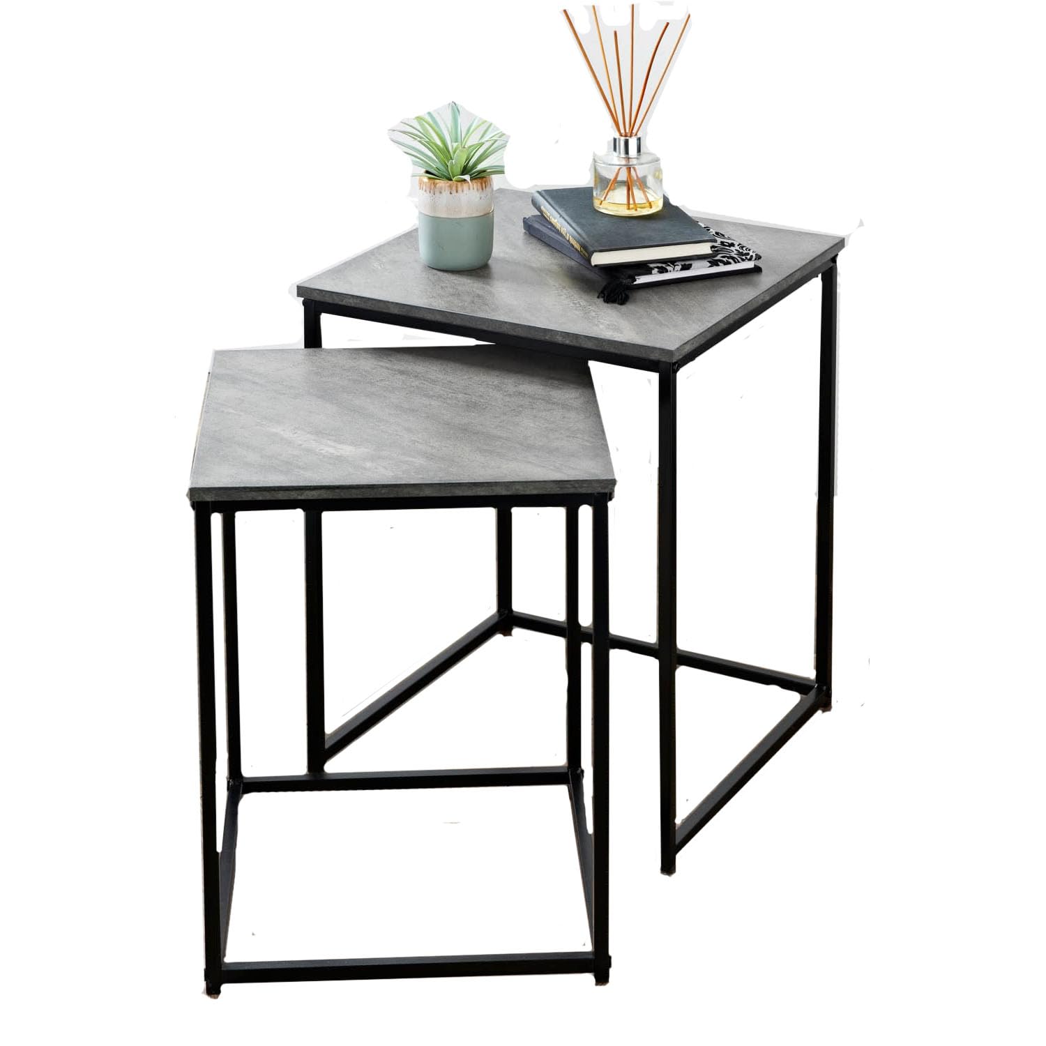 Fizporium Nest of 2 Sofa Side Table, Set of 2 Concrete Effect Top Nest ...