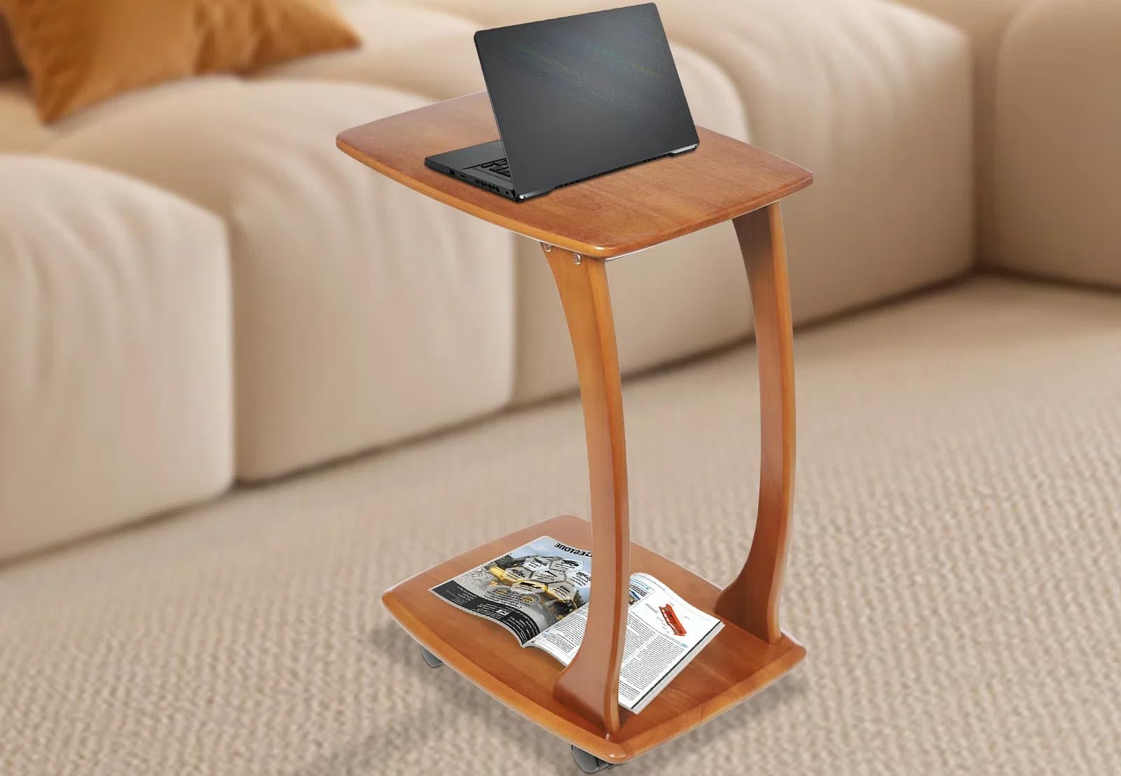 Amazon.com: Solid Wood C Shaped End Table with Rolling Wheels Couch ...