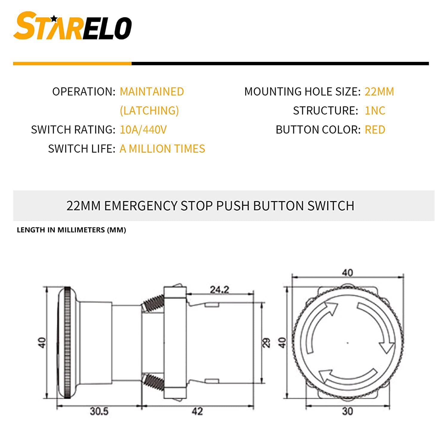 Snapklik.com : STARELO 22MM 1NC Red Mushroom Emergency Stop Latching ...
