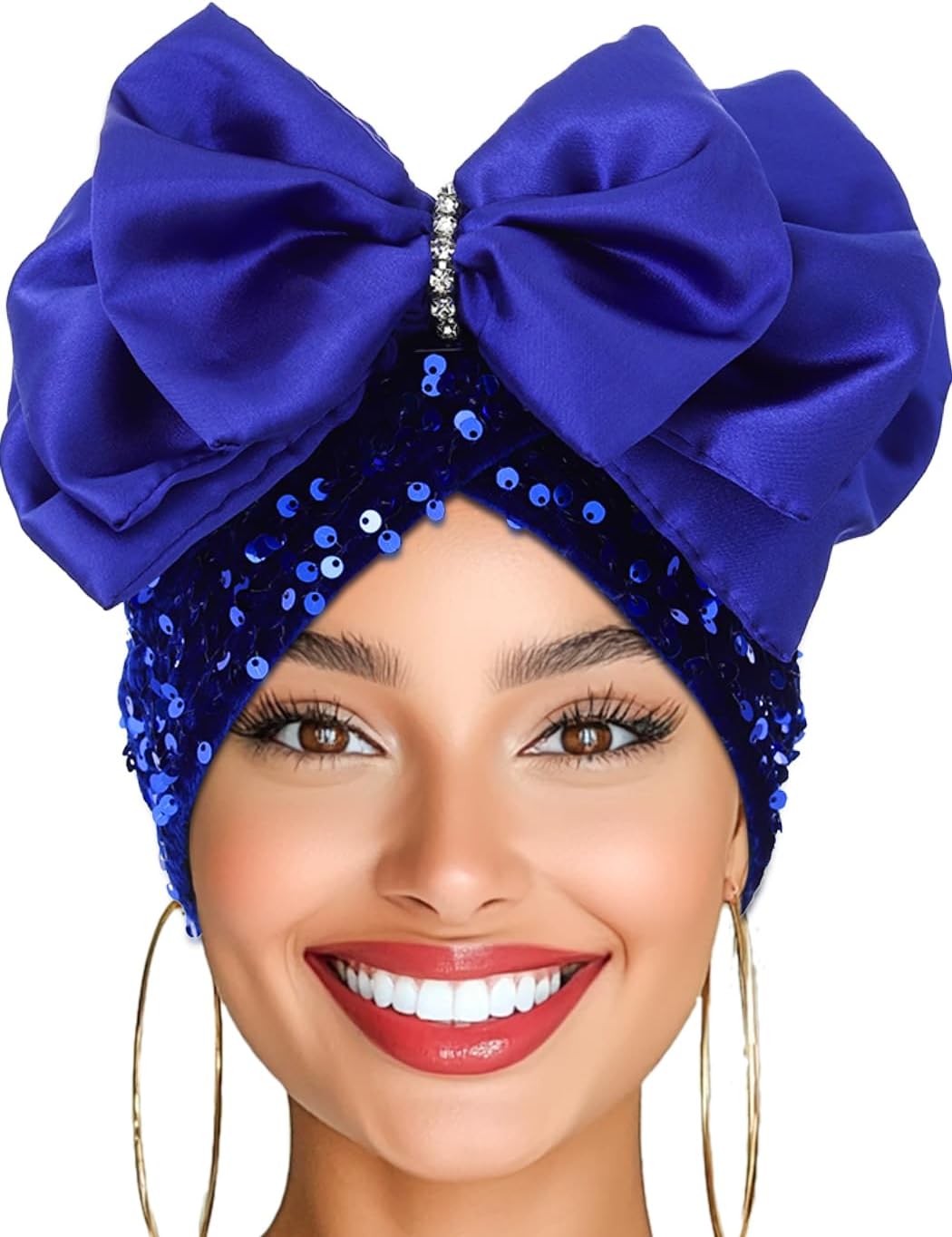 Amazon.com: Urieo African Turban Headwraps Blue Sequin Hair Wrap Bow ...