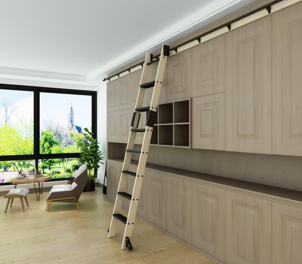 DIYHD 87" Unfinished Pine Wood Sliding Library Ladder with Black Metal ...