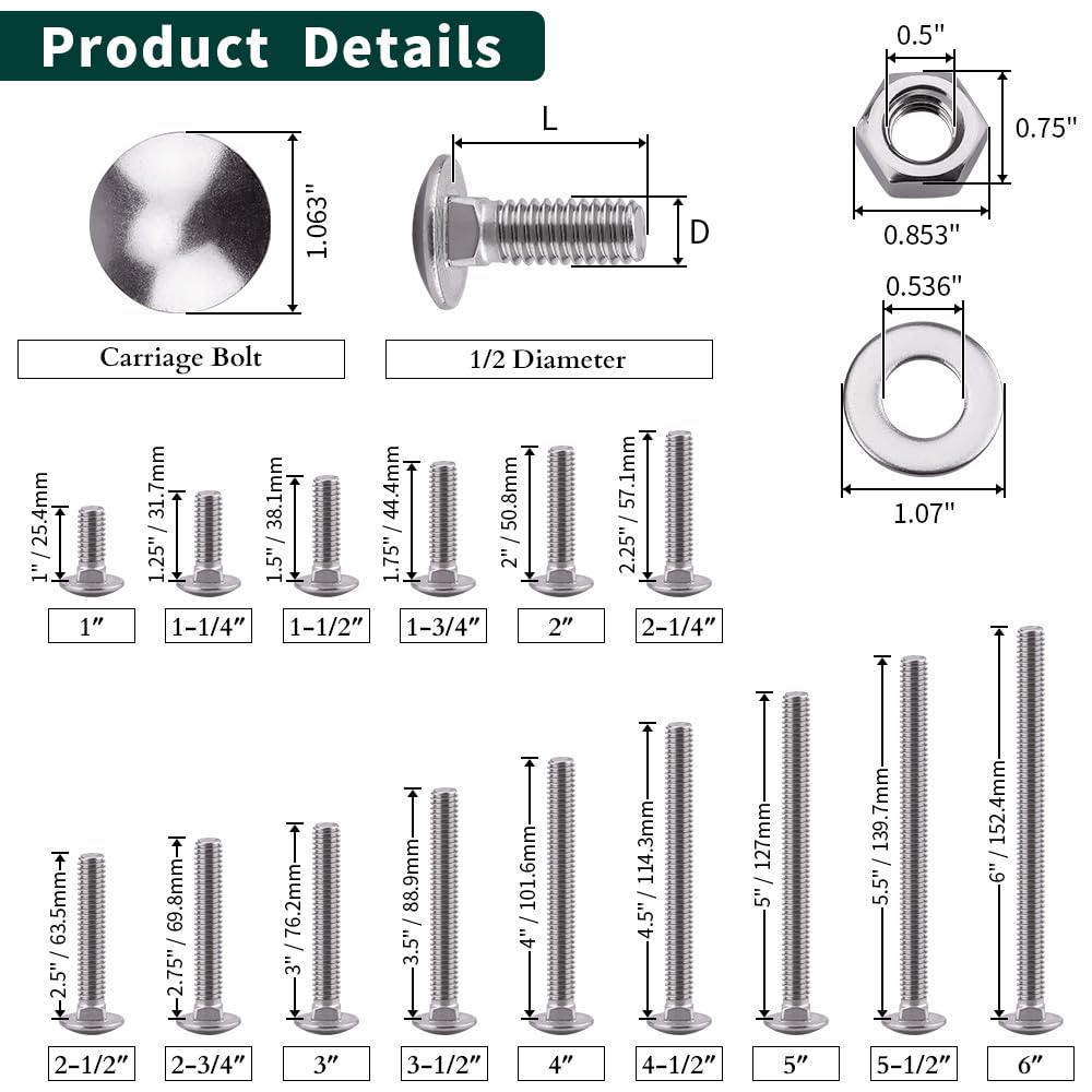 Snapklik.com : 1/2-13 X 3 Stainless Steel Carriage Bolts