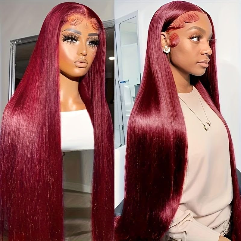 Amazon.com : 34 Inch 99J Burgundy Lace Front Wigs Human Hair 200% ...