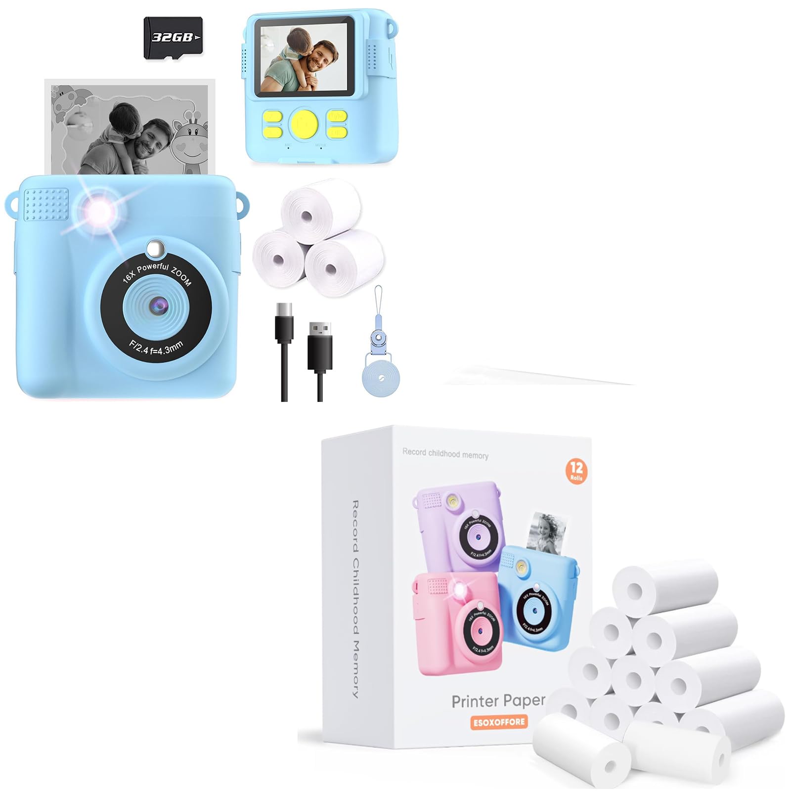 Amazon.com : ESOXOFFORE Blue Instant Print Camera*1&12 Rolls Print ...