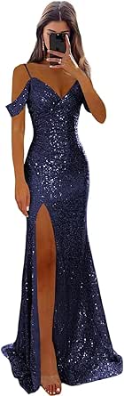 Amazon.com: Monvelli Backless Mermaid Prom Dresses Long with Slit Sequins 2025 Off The Shoulder ...