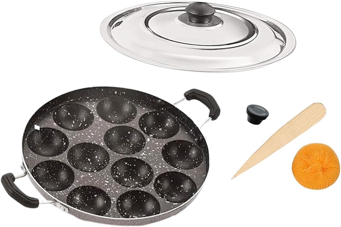 Amazon.com: Non Stick Aluminium Appam Pan 12 Pits with Steel Lid, Two ...