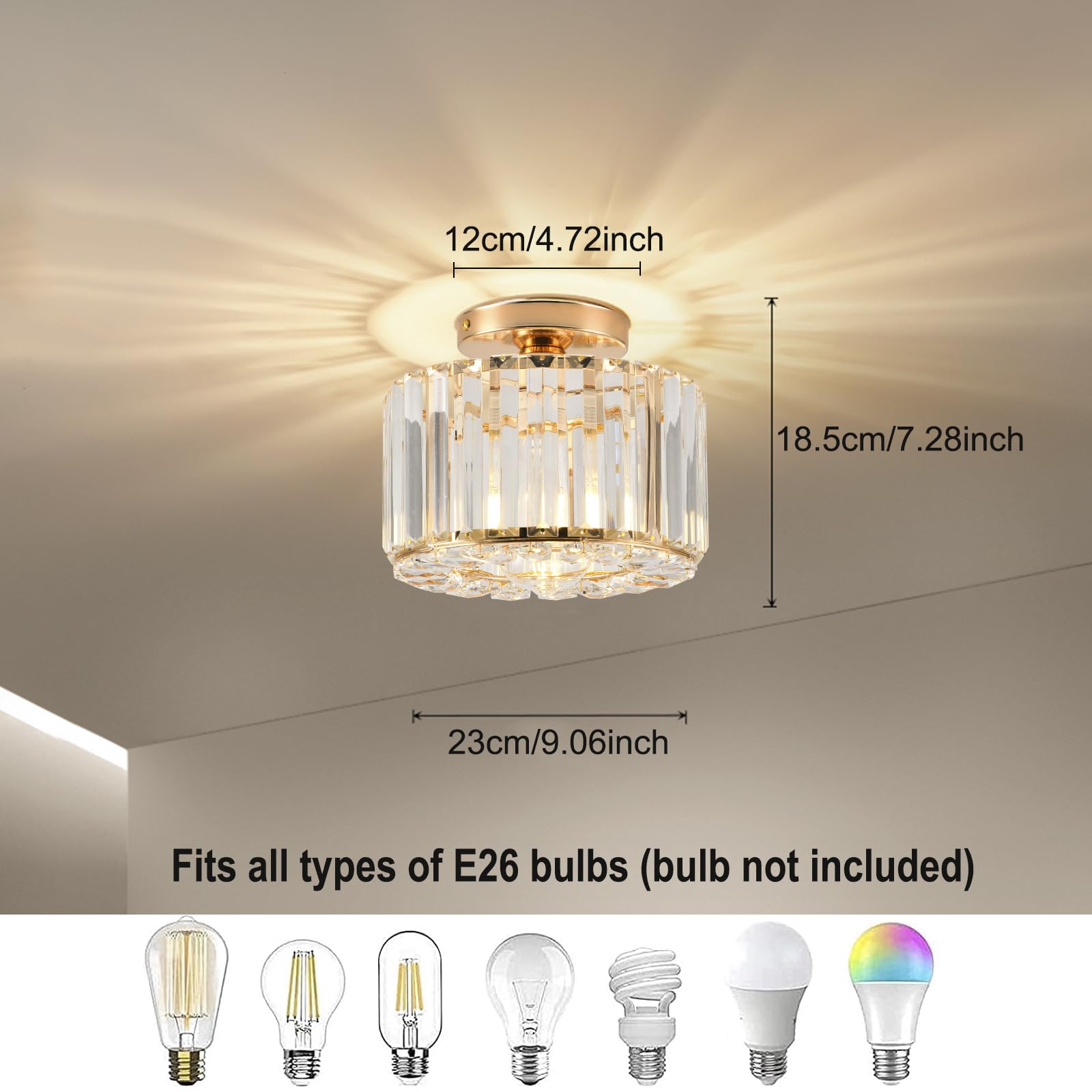 Higufyier Crystal Ceiling Light, Gold Ceiling Lamp, Semi Flush Mount ...