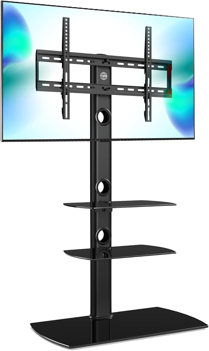 FITUEYES Floor TV Stand with Tempered Glass Shelves & Base, Swivel TV ...