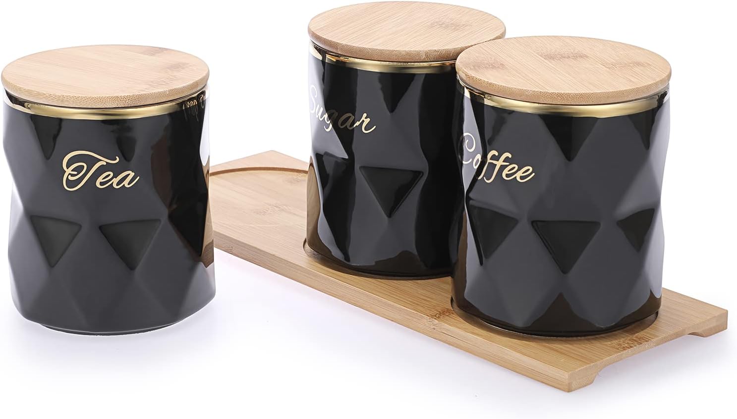 BTSKY White and Black Ceramic Canisters Set with Lid and Wood Tray ...