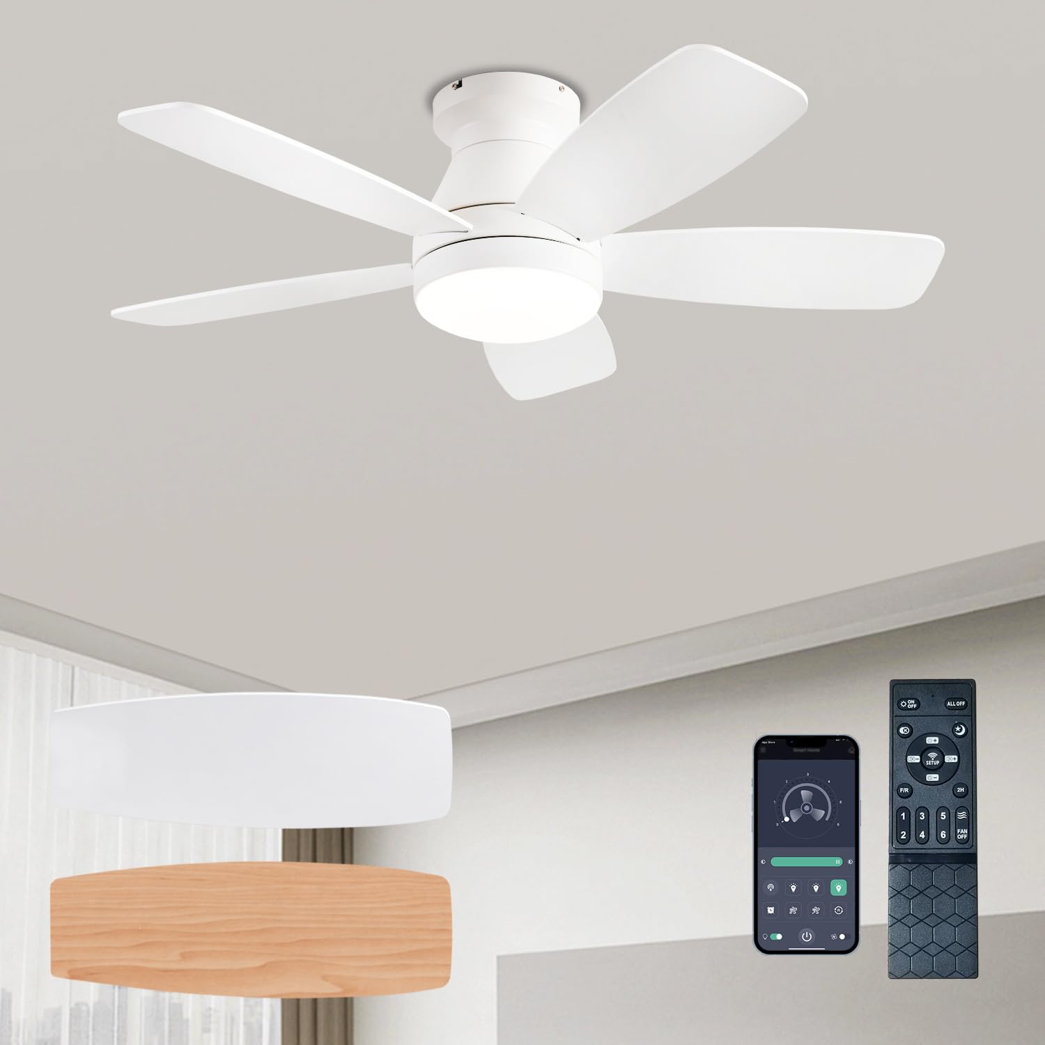 JSAITEE Ceiling Fans with Lights, 42 Inch Low Profile Ceiling Fan with ...