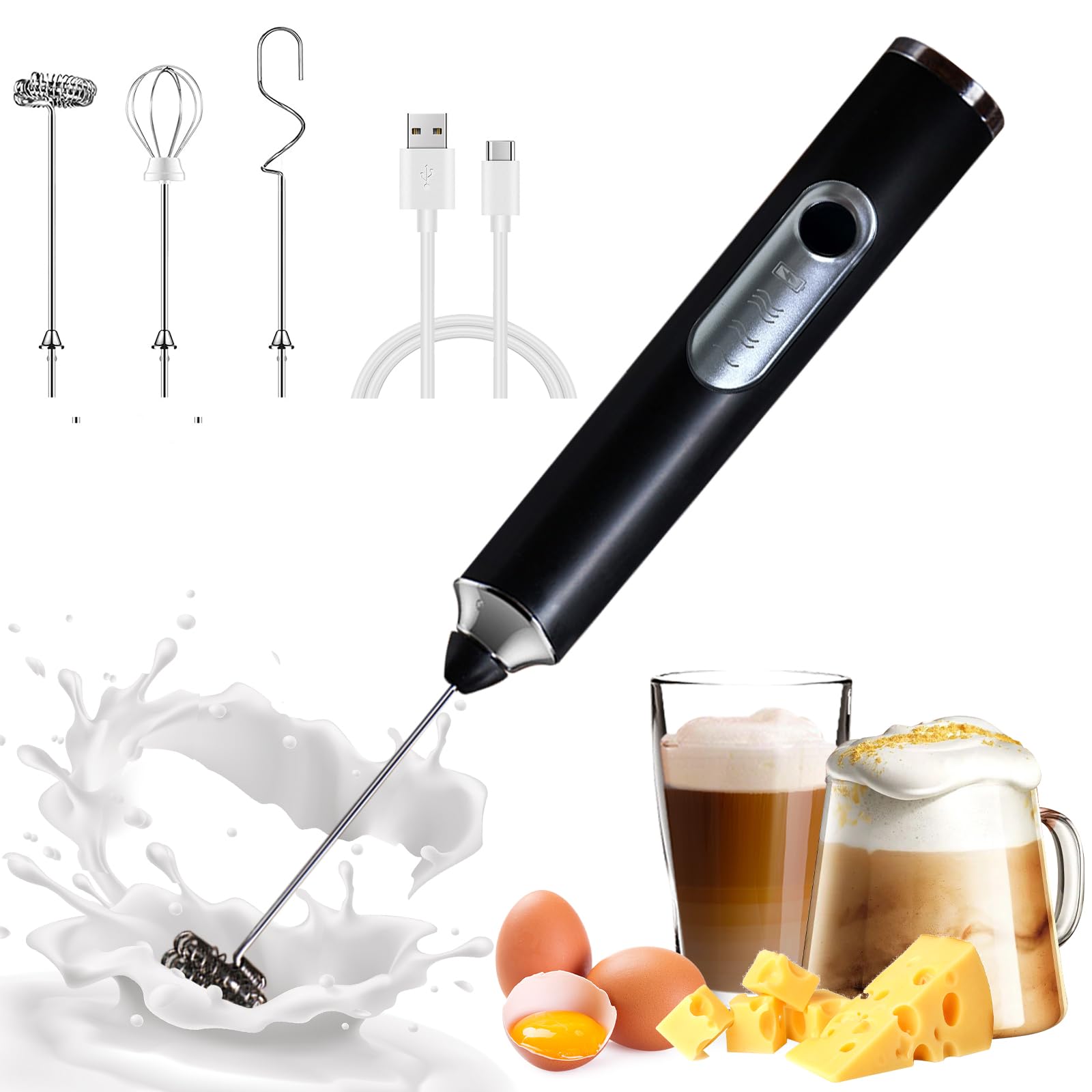 Milk Frother Handheld with 3 Heads, Electric Whisk Drink Foam Mixer ...