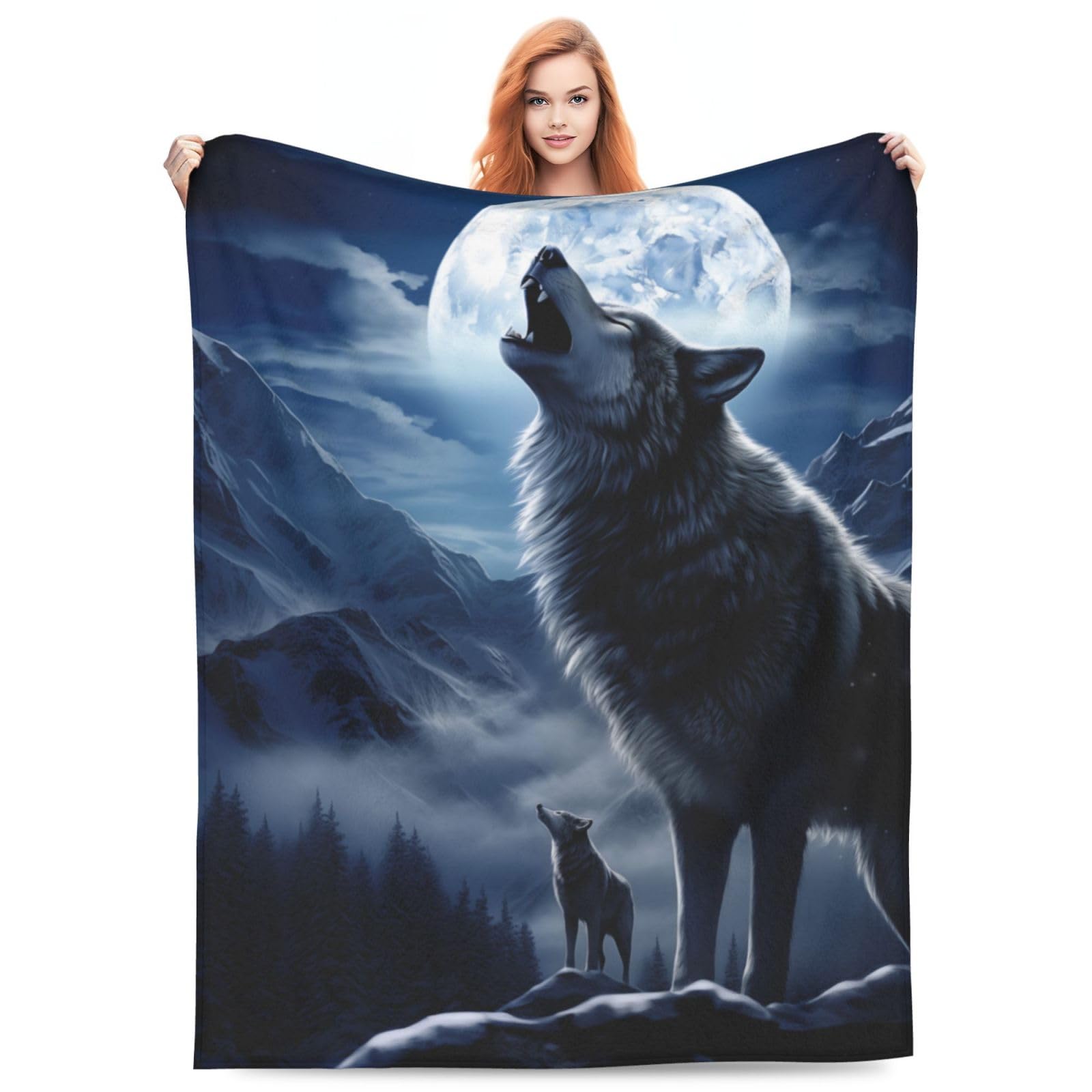 Amazon.com: amepay Snowy Mountain Wolf Blanket Gifts Moonlit Night ...