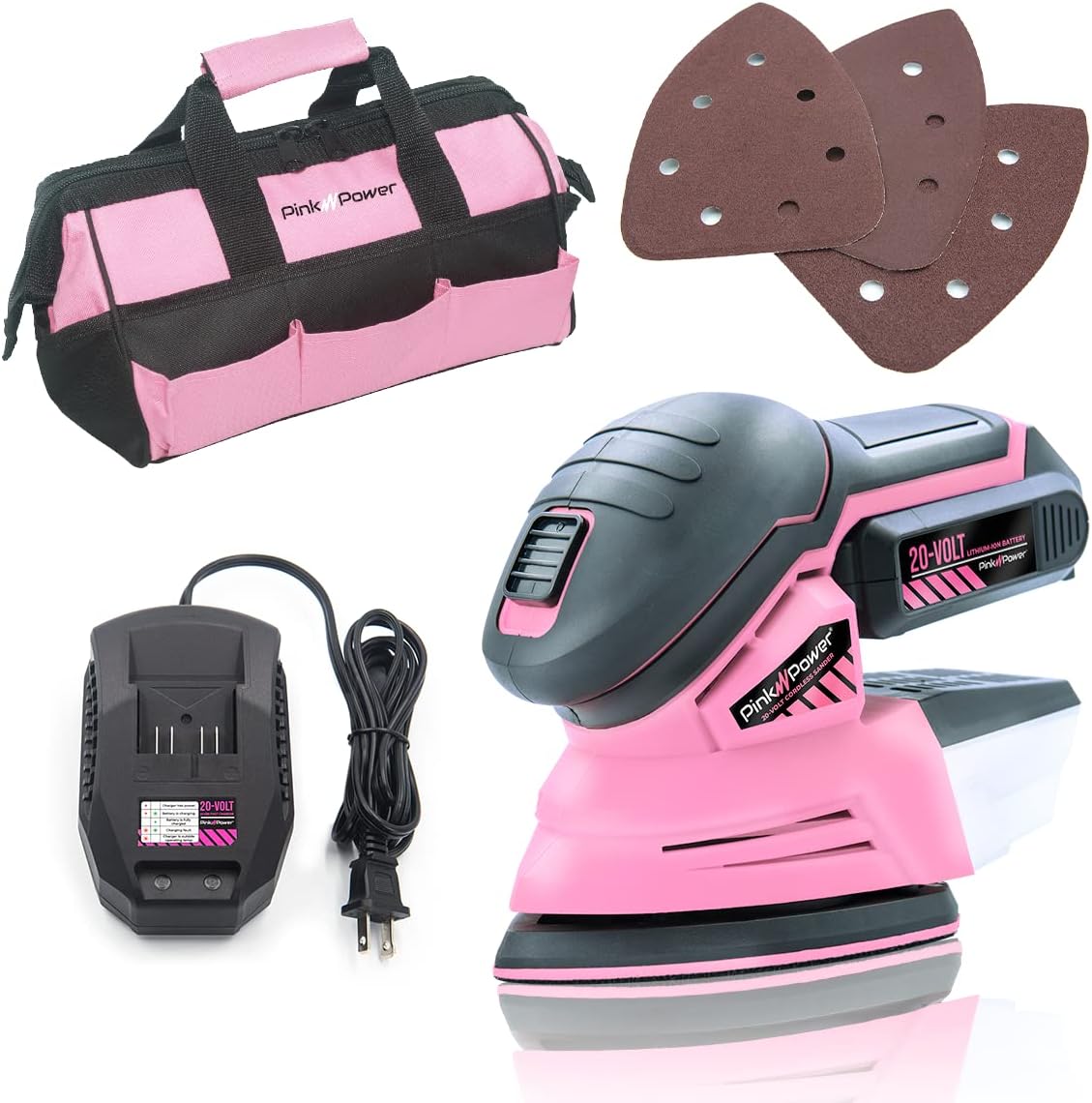 Pink Power Detail Sander for Woodworking 20V Cordless Electric Hand ...