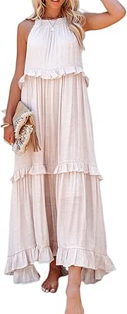 Women's Spring Maxi Dress 2025 Halter Sleeveless Tiered Beach Dress ...