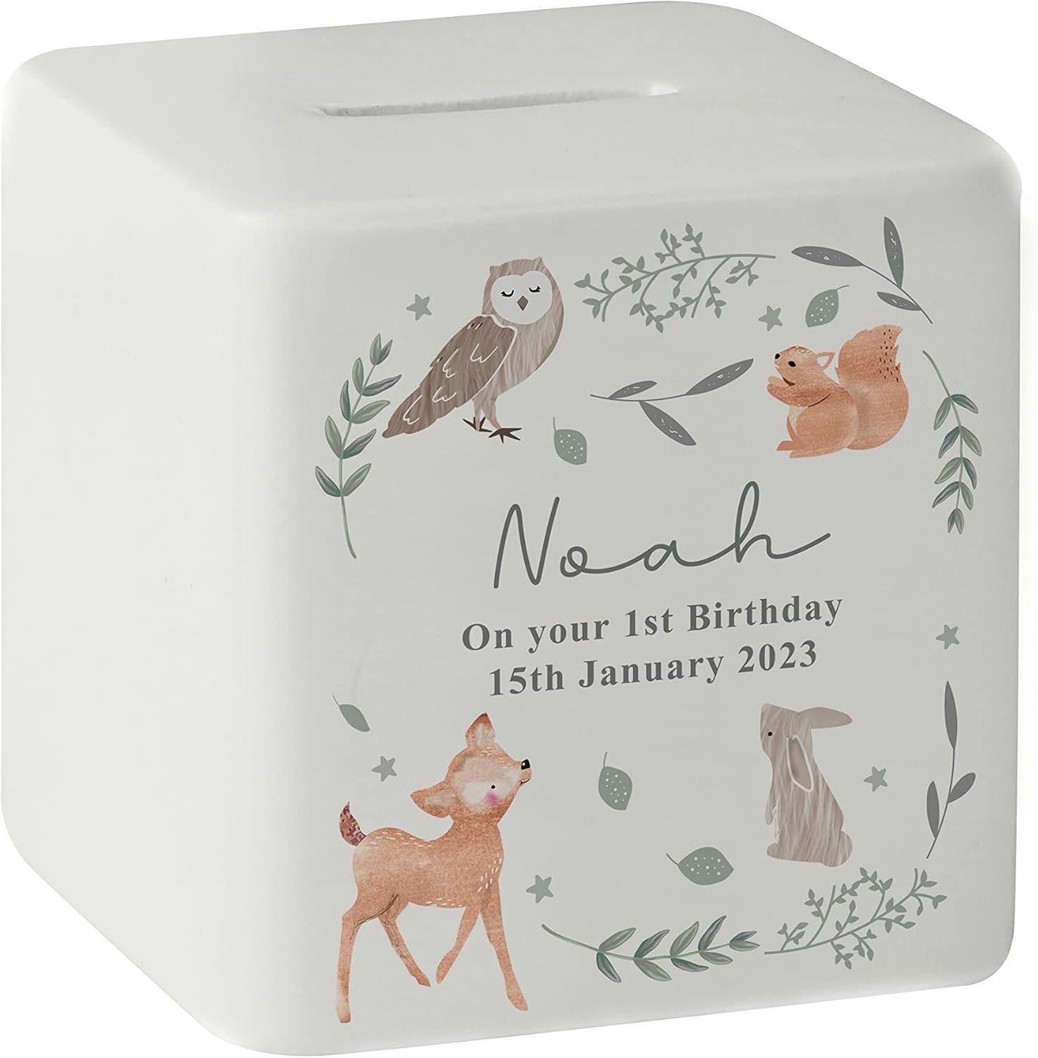 Personalised Piggy Bank. Ceramic Woodland Animal Money Box. : Amazon.co ...