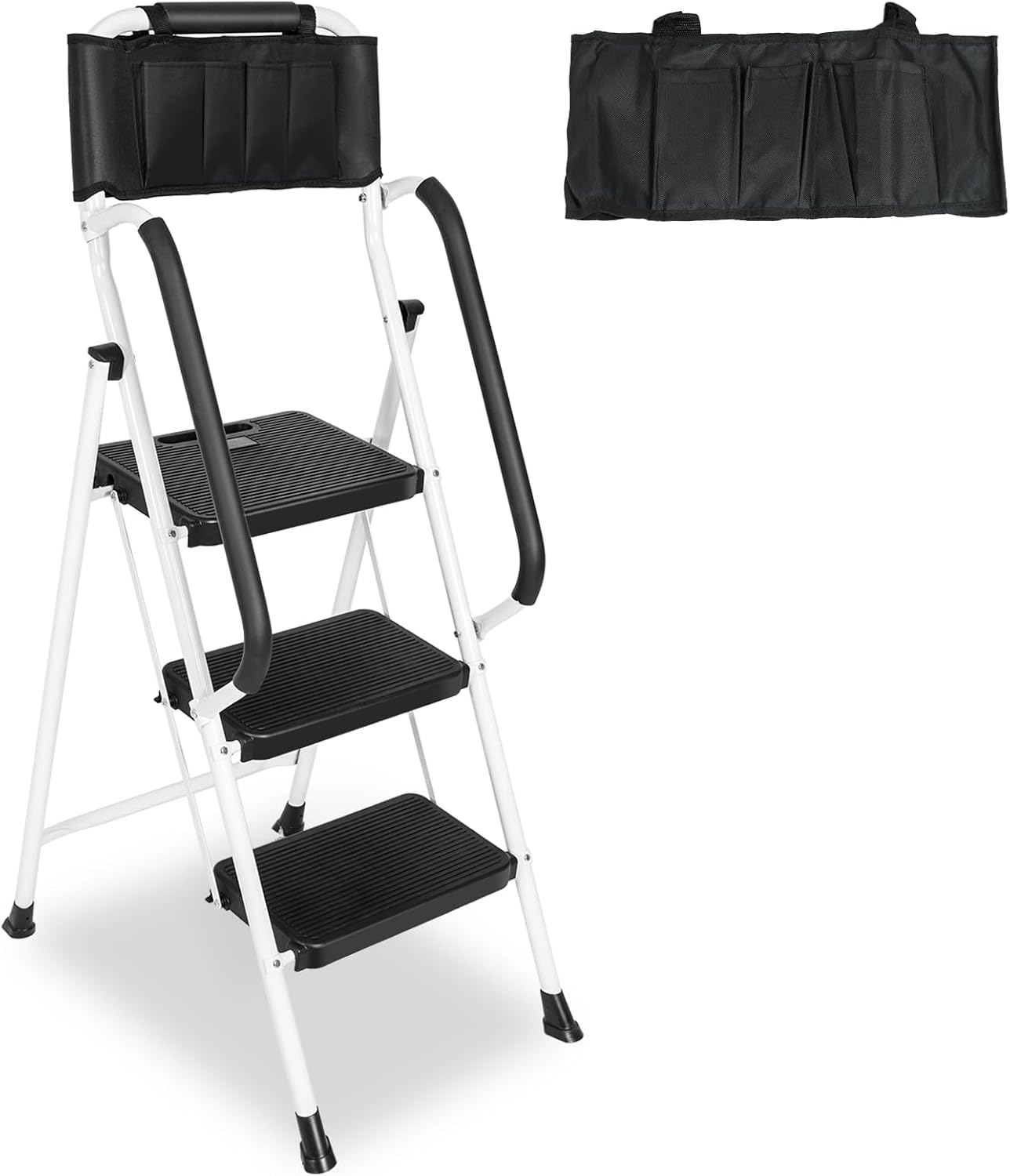 3 Step Ladder with Handrails & Attachable Tool Bag, 500 lbs Folding ...