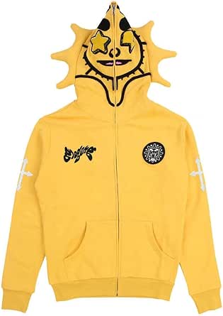 Pure Pang Y2k Full Zip Up Hoodie Over Face Retro Goth Streetwear(Yellow ...