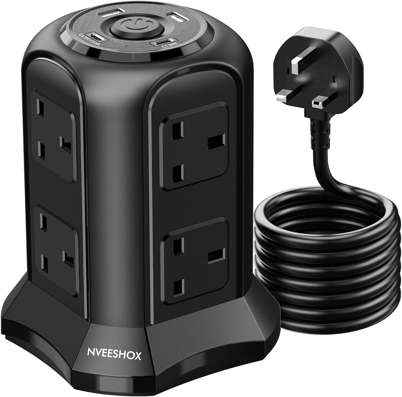 NVEESHOX Tower Extension Lead with USB Slots 2M (13A 3250W), 20W USB C ...