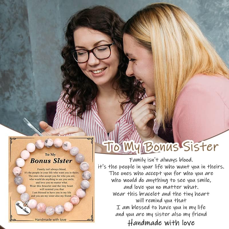Bonus Sister Gifts for Women Pink Natural Stone Beaded Bracelet Wedding ...