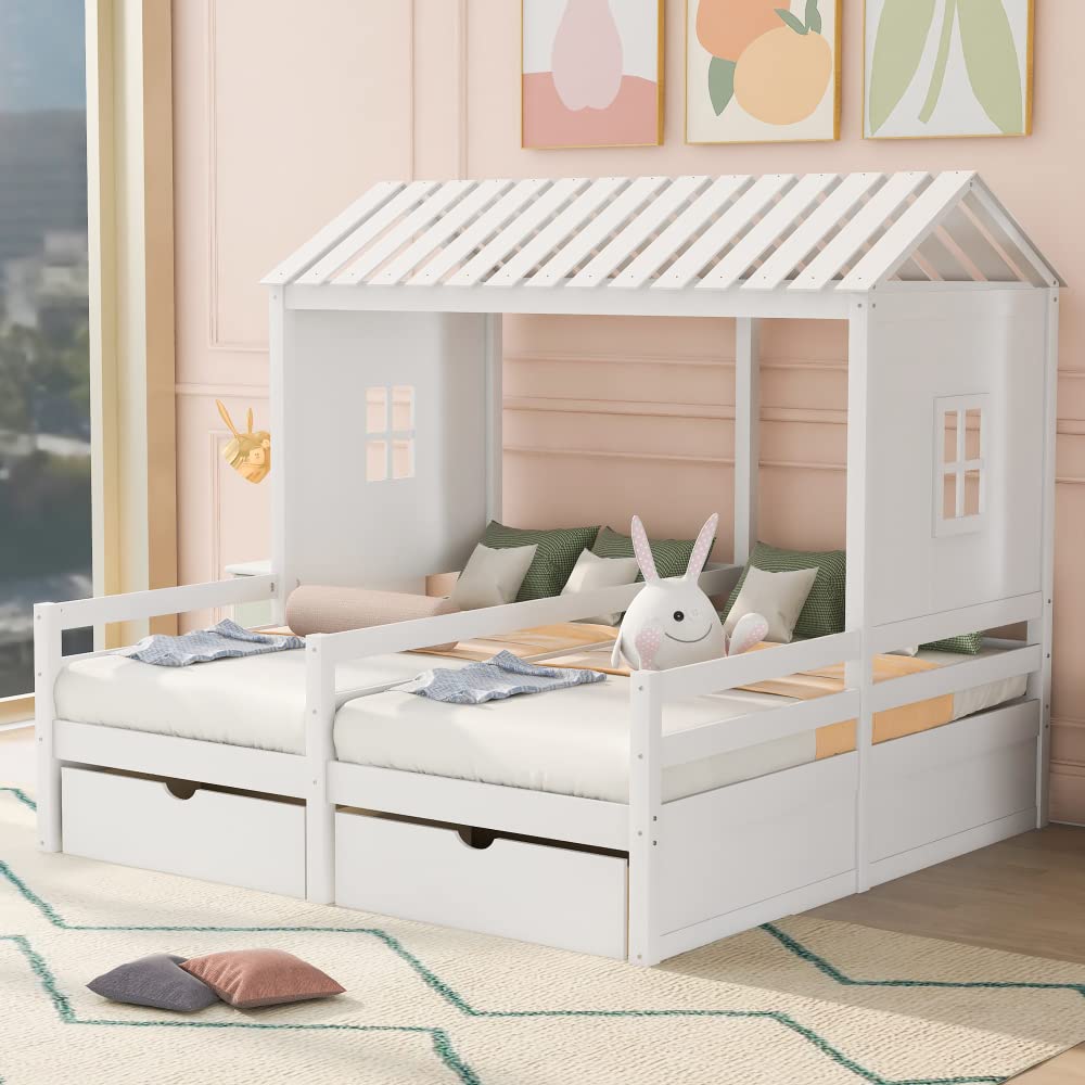 Amazon.com: Double Twin Size House Platform Beds with Two Movable ...