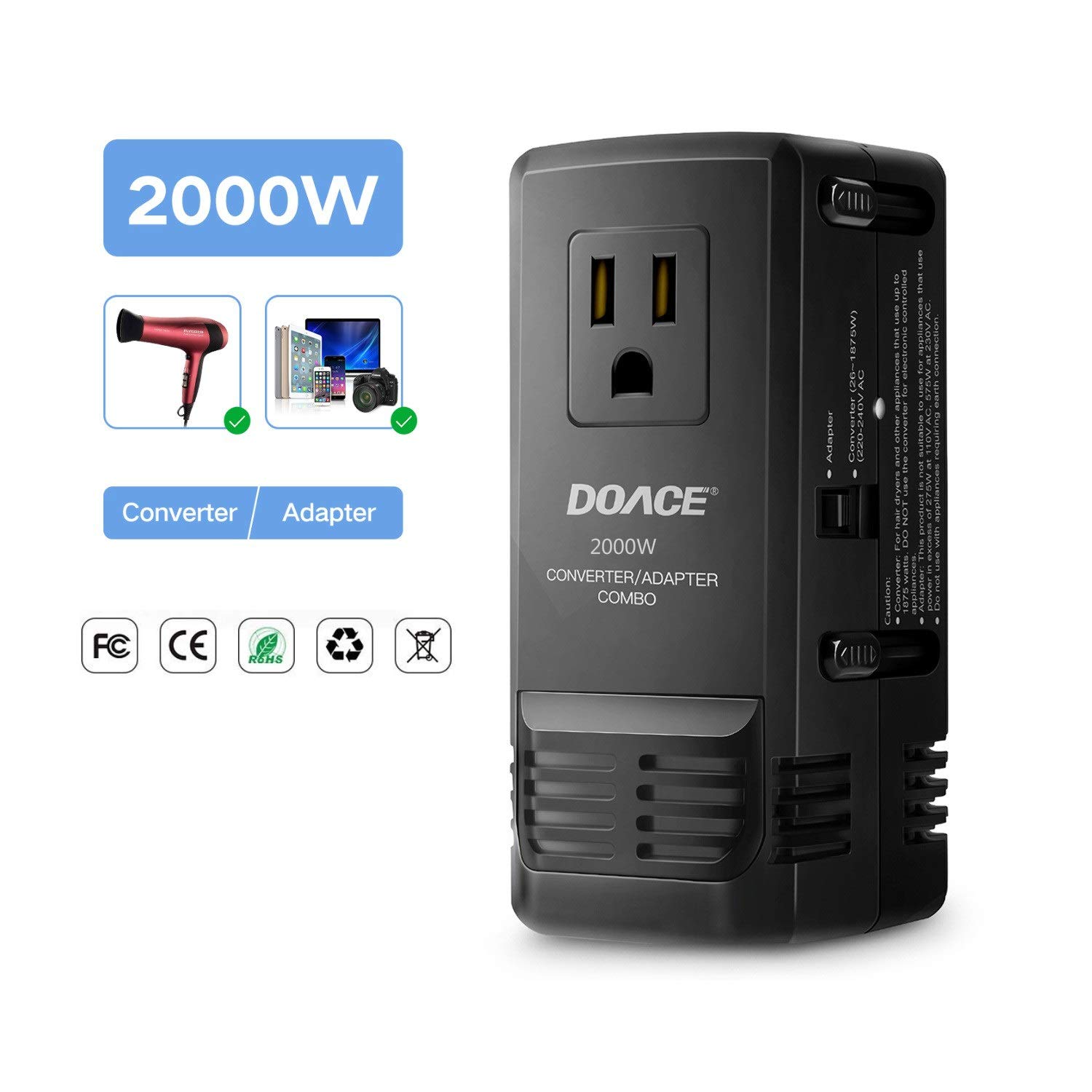 Amazon.com: DOACE C8 2000W Travel Voltage Converter 220V to 110V for ...