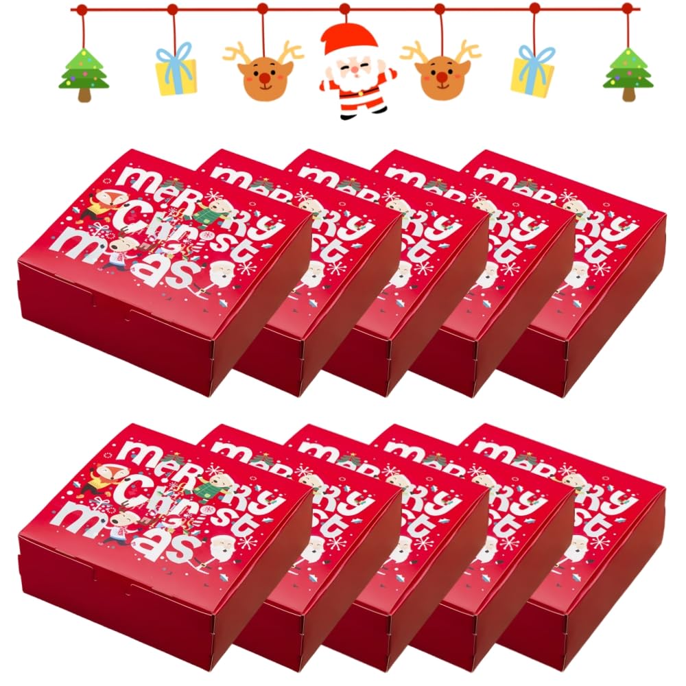 10 Packs 14x14x5cm Christmas Paper Boxes, Red Merry Christmas Gift ...