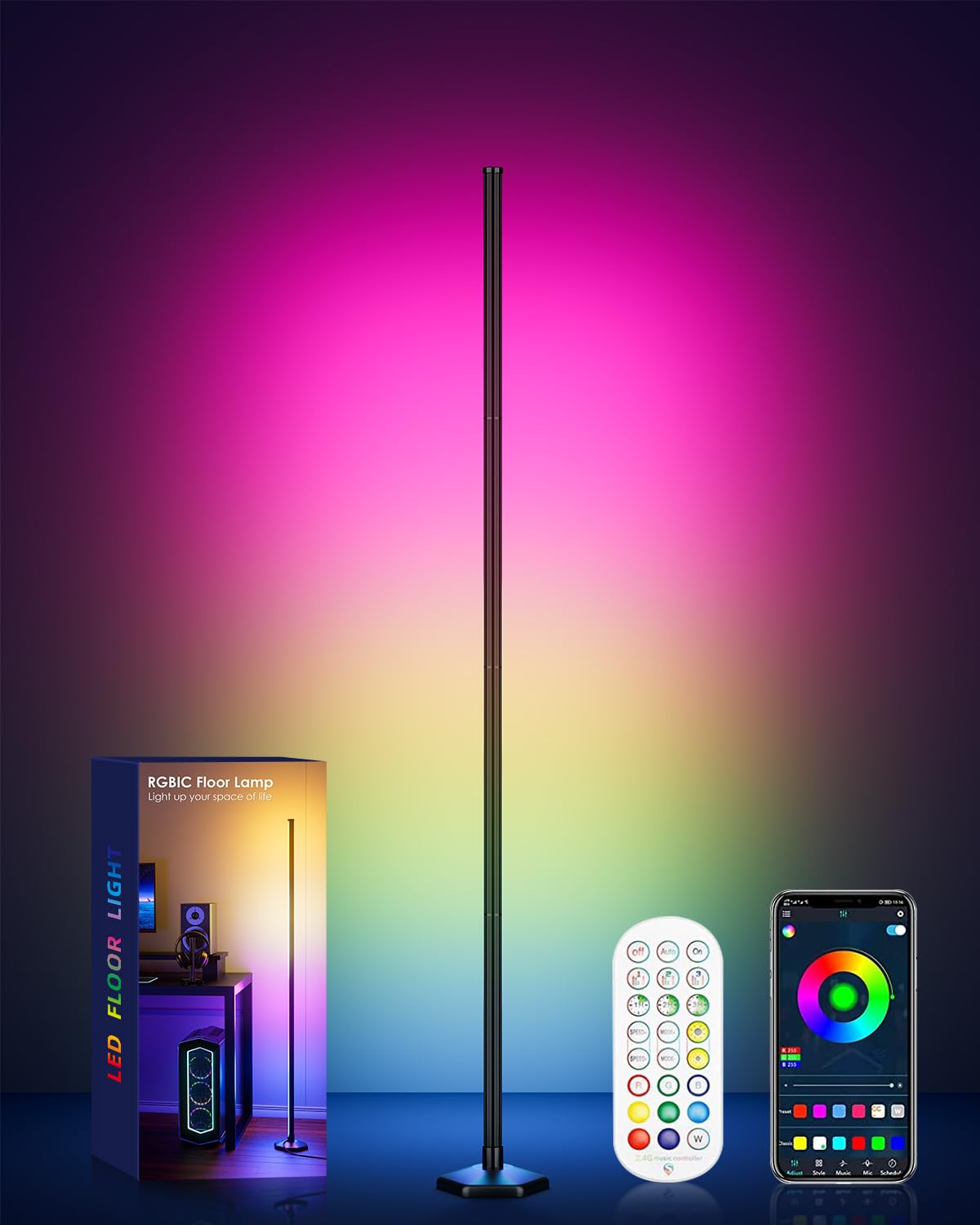 YIKBIK RGB Corner Floor Lamp, 65" Color Changing LED Floor Lamp Music ...