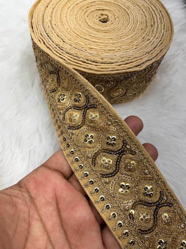 Deep's Creation 2 Inch Velvet Lace Border, Gold, Complex Multicolour ...