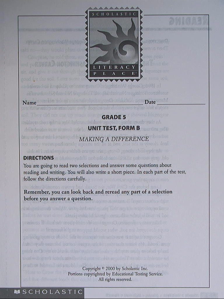 Scholastic Literacy Place, Grade 5 Unit test, Form B: Making a ...