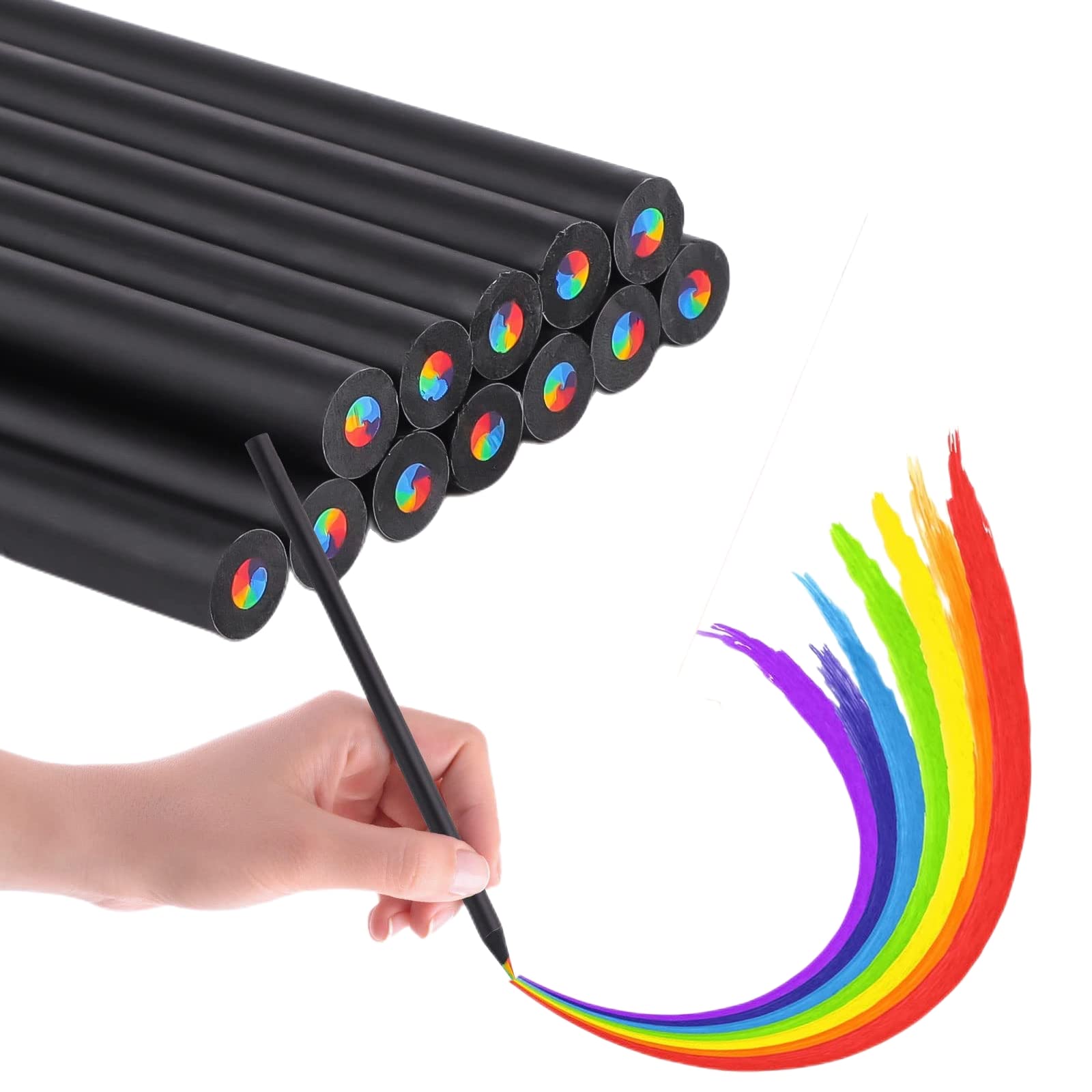 MAIHUO 12 Pcs Rainbow Pencils,7 Color in 1 Black Wooden Rainbow Colored ...