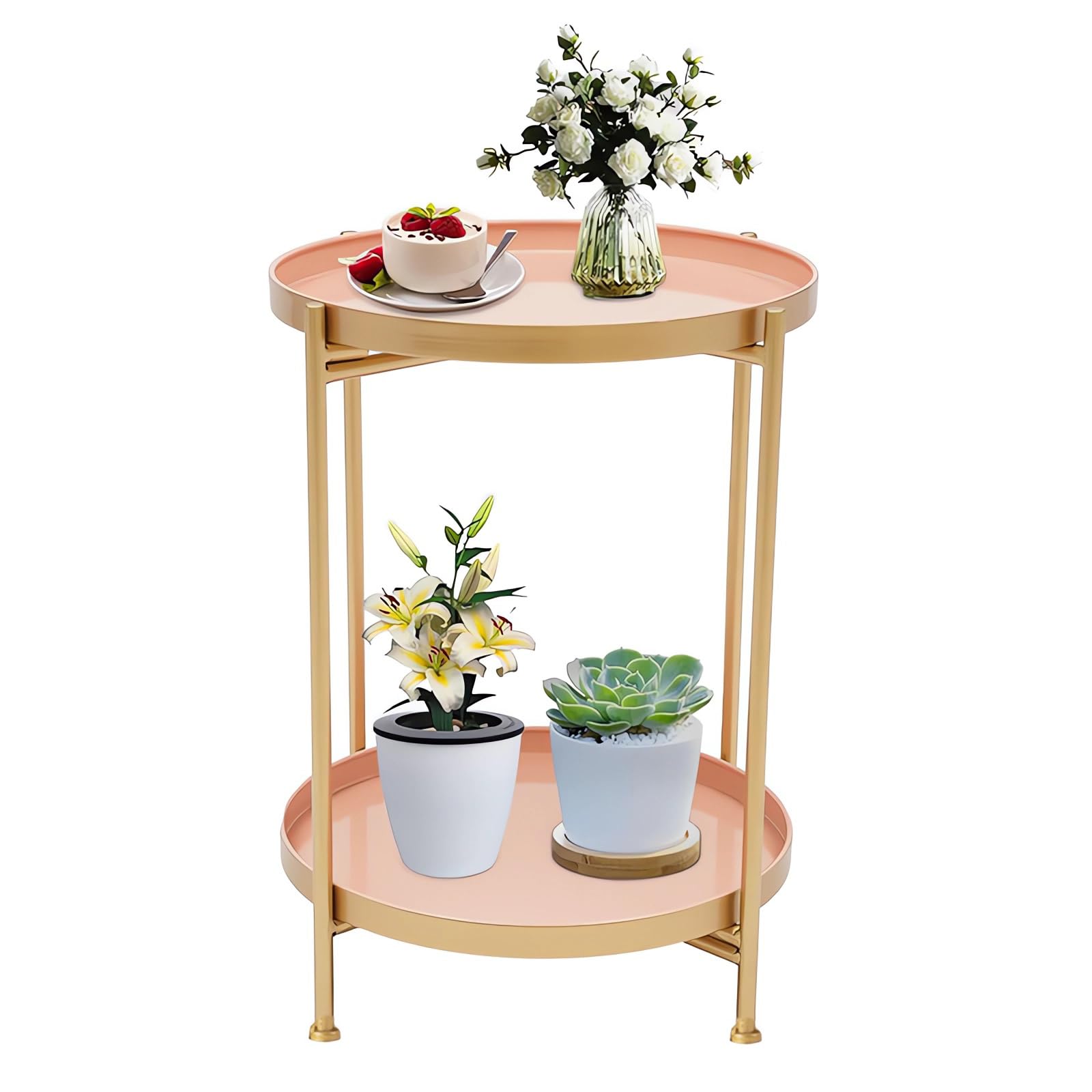 BYDEFPOK Round Side Table, 2-Tier Metal End Table with Removable Tray ...