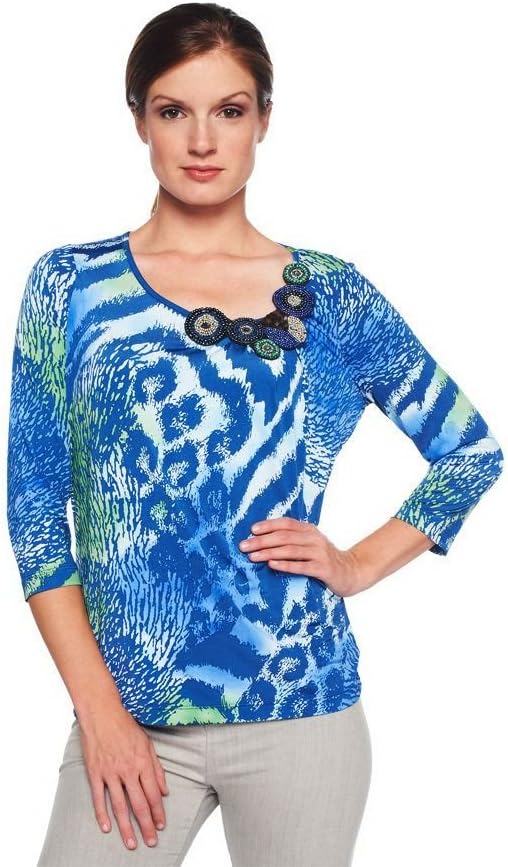 George Simonton Animal Print Asymmetric Neck Top w/Bead Detail at ...