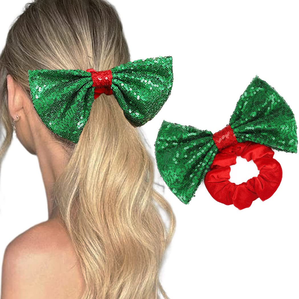 Amazon.com : Brinie Christmas Hair Scrunchies Green Sequins Bow Hair ...