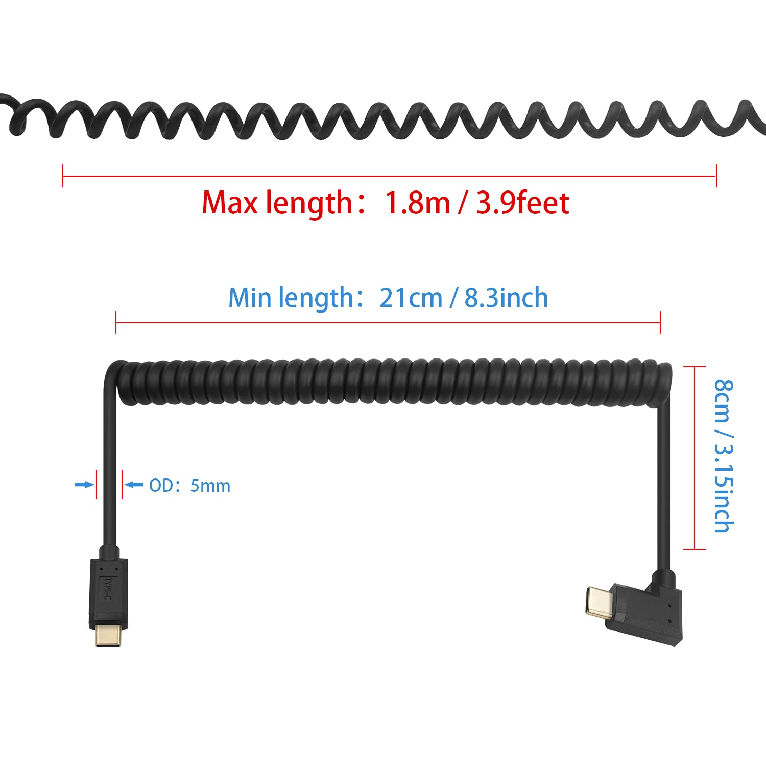 Maxhood Coiled USB C Cable, Coiled Right Angle USB C Extension Cable ...