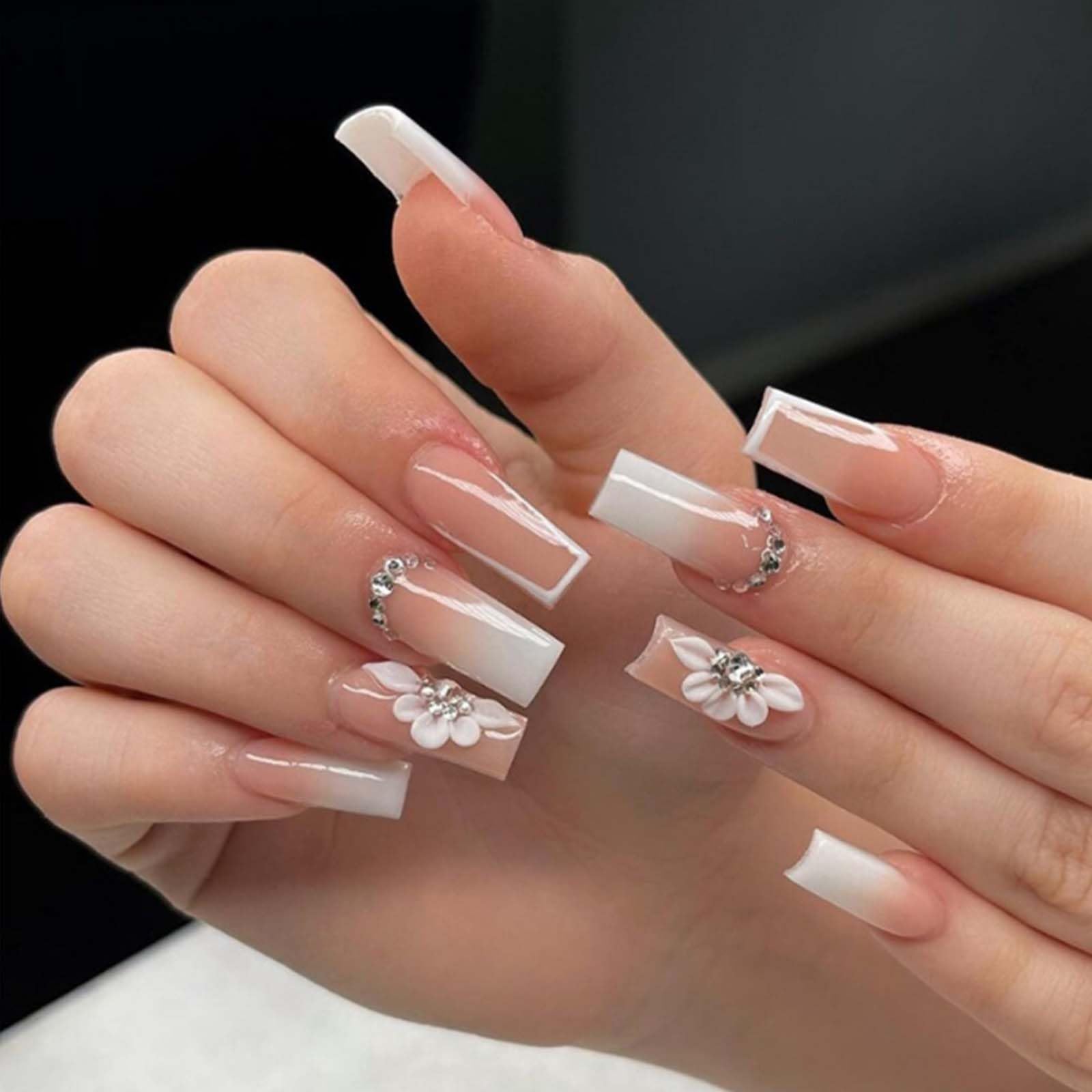 Amazon.com: YoYoee Long French False Nails Square Press on Nails ...