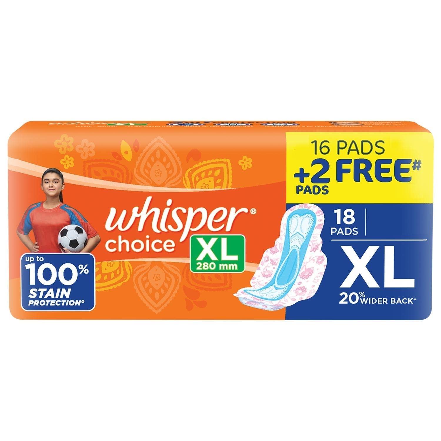 Buy WHISPER CHOICE SANITARY PADS, 18 XL PADS, UPTO 100% STAIN ...