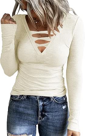 Ryaiwi Sexy Long Sleeve Shirts for Women, Ribbed Casual Tops for Women ...