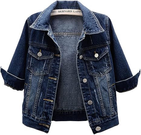 Women's Short Denim Jacket Round Neck Denim Three Quarter Sleeves Light ...